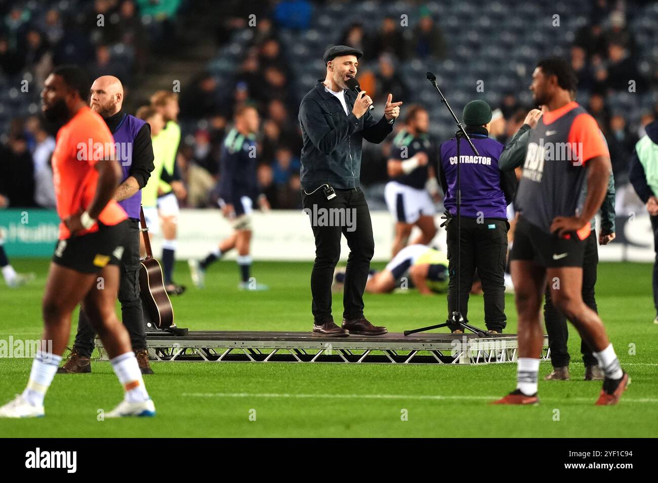 Singer Jeremy Levif performs ahead of the Autumn international match at ...