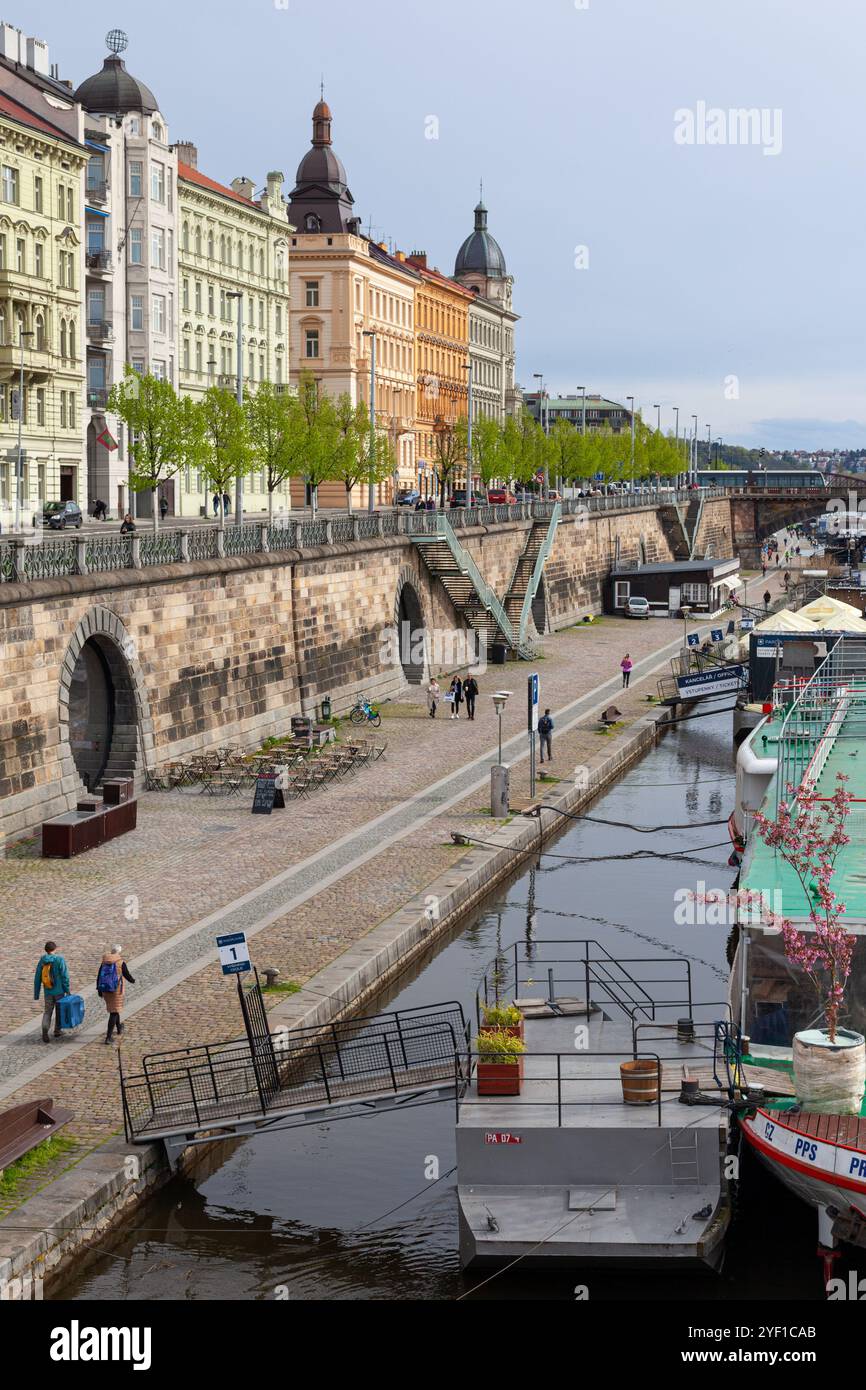 The waterfront of the Vltava river (Náplavka) in Prague with its cafés ...