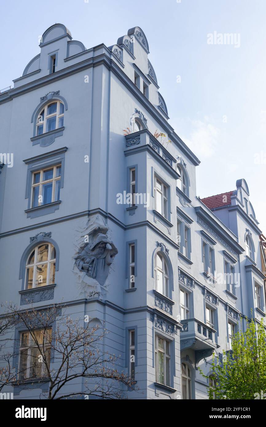 A pastel-colored art deco building located in Vinohrady, one of Prague ...