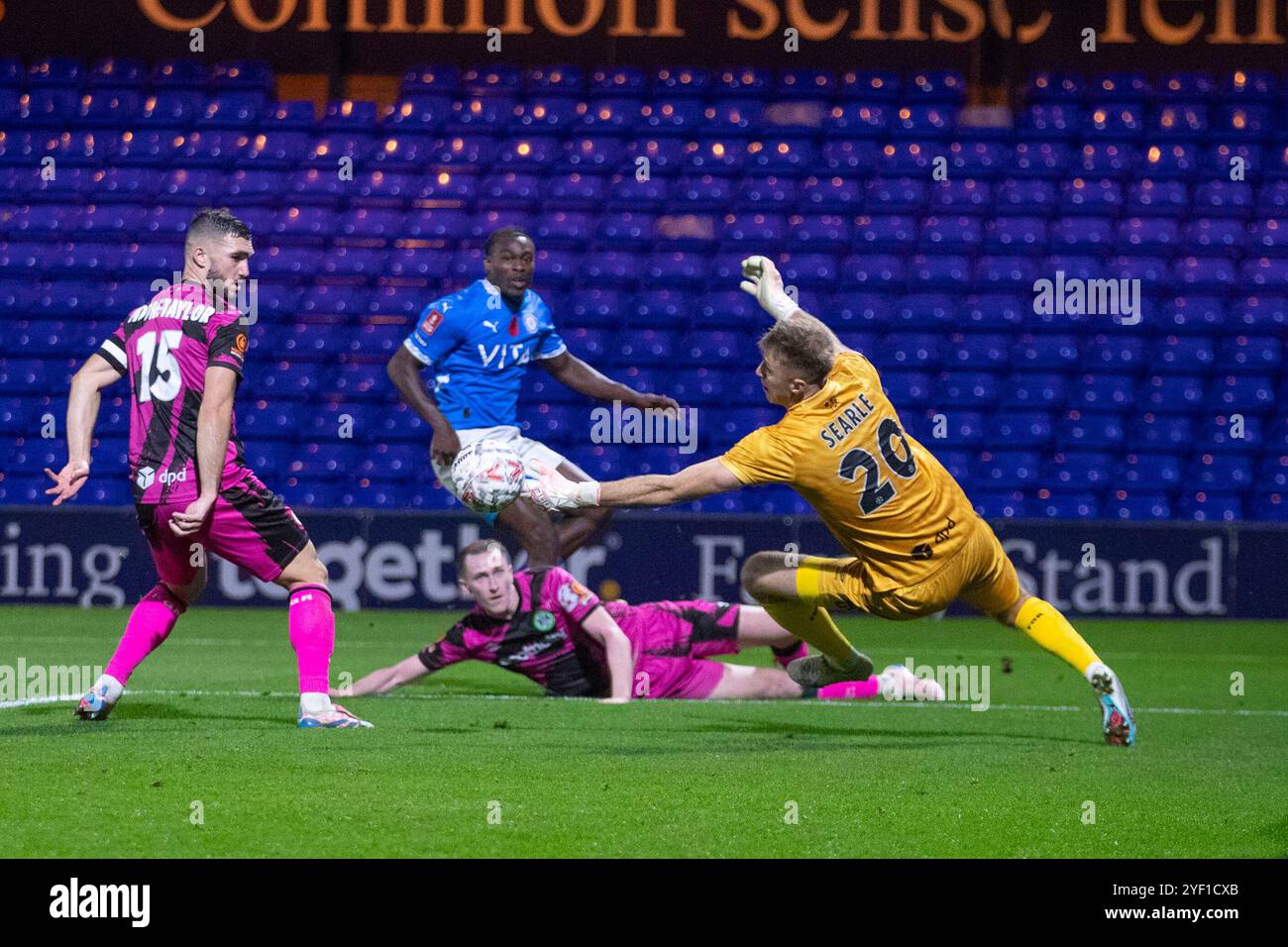 Jamie Searle #20 (GK) of Forest Green Rovers F.C. makes a save during ...