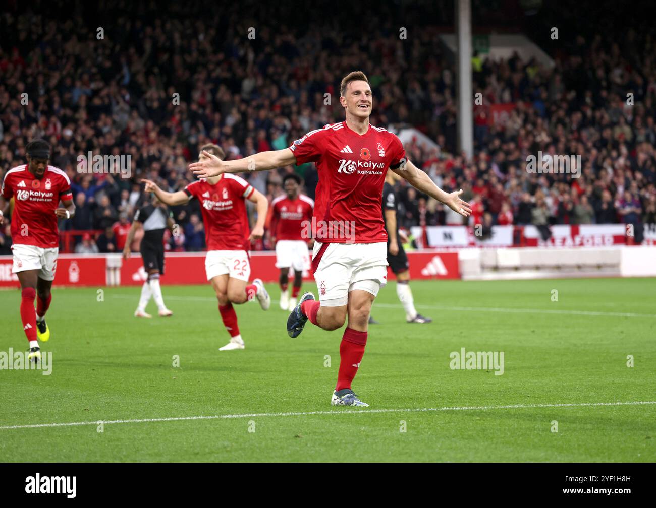 Nottingham, UK. 02nd Nov, 2024. Chris Wood (NF) celebrates scoring the ...