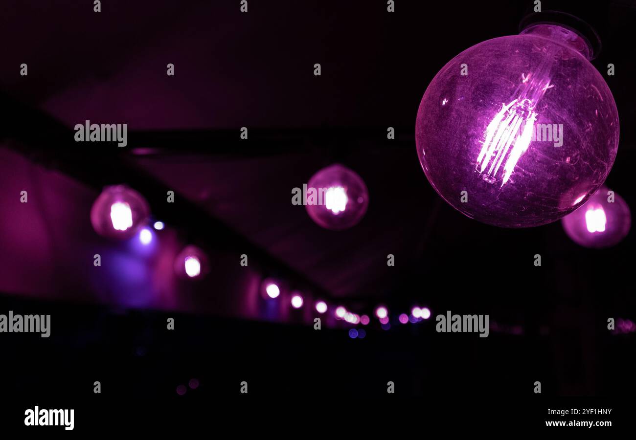 Purple light bulbs on an empty street in the night Stock Photo - Alamy