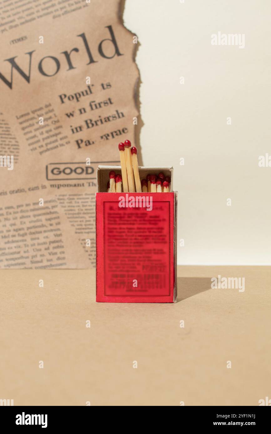 A matchstick on Craft paper and a piece of newspaper. Copy space Stock ...