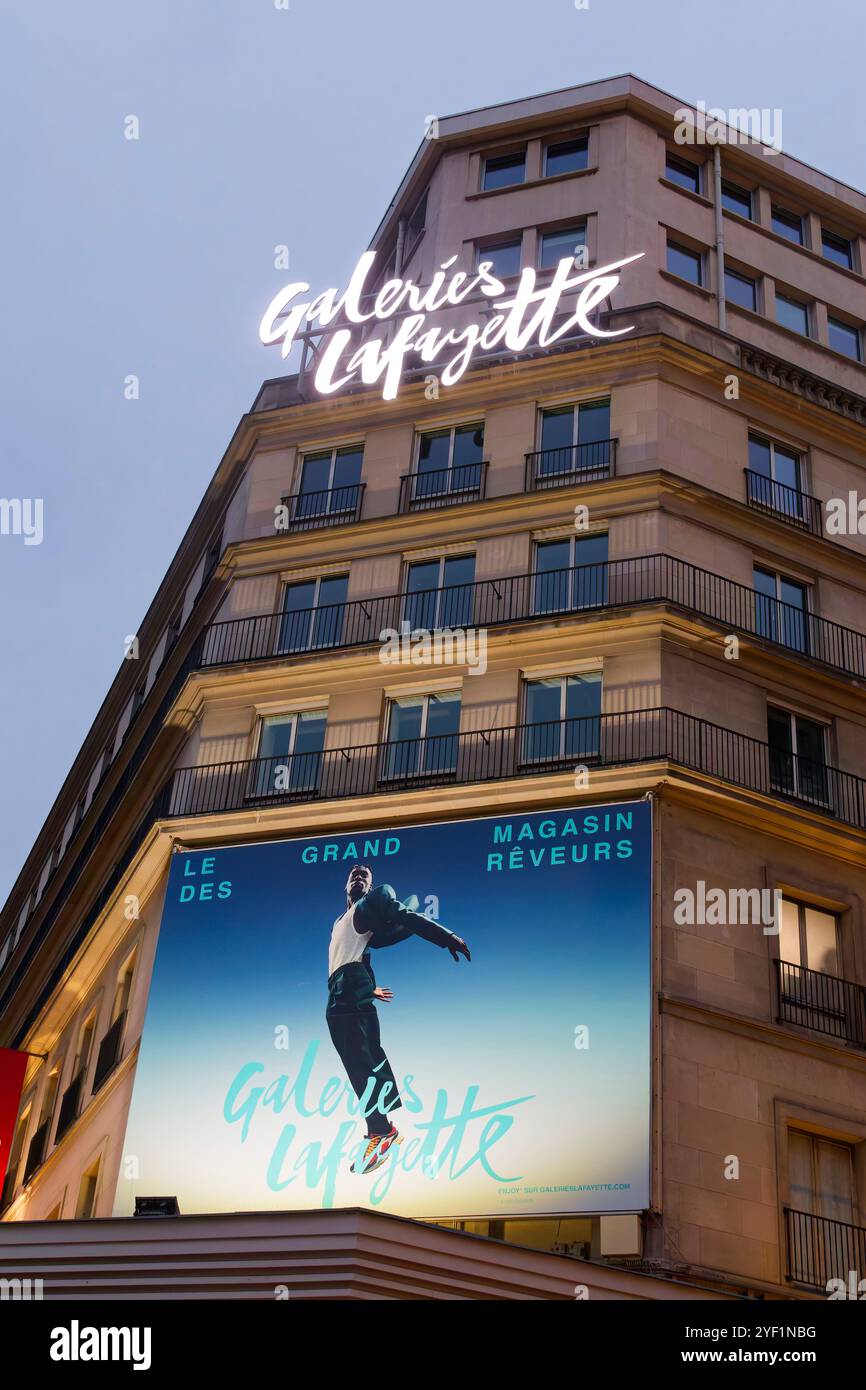 Paris, France. 2nd Nov, 2024. Advertisement on the facade of the Galeries Lafayette Stores on ...