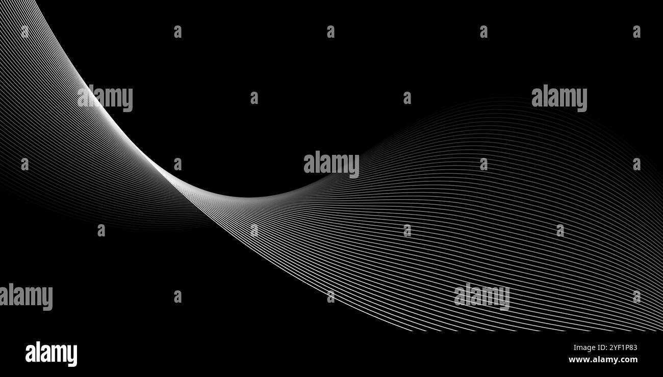 Abstract Black Background With Flowing White Curved Lines Creating A Wave Effect Vector