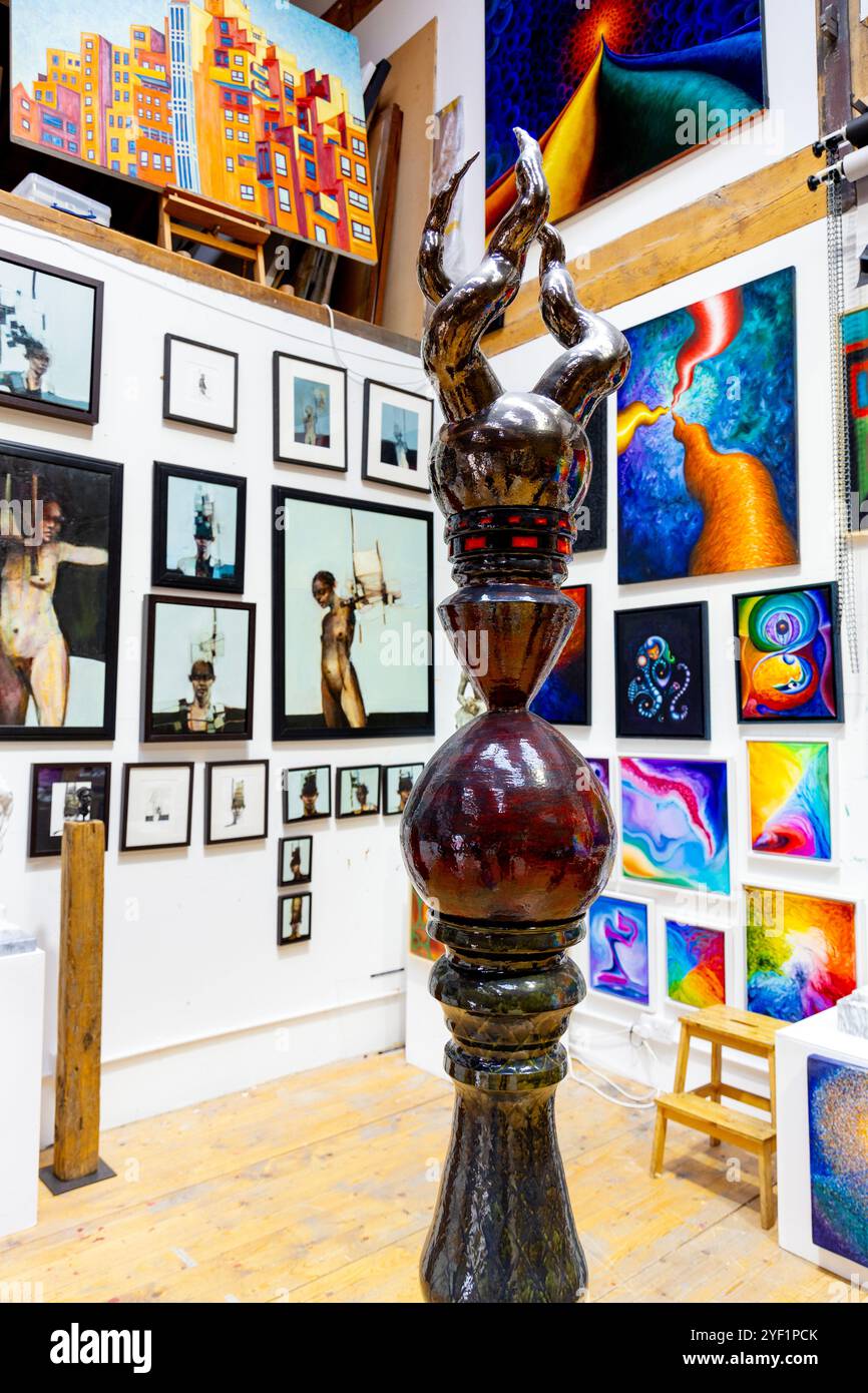 Art inside Trinity Art Galley, Trinity Art Studios in a converted warehouse, Trinity Buoy Wharf ...