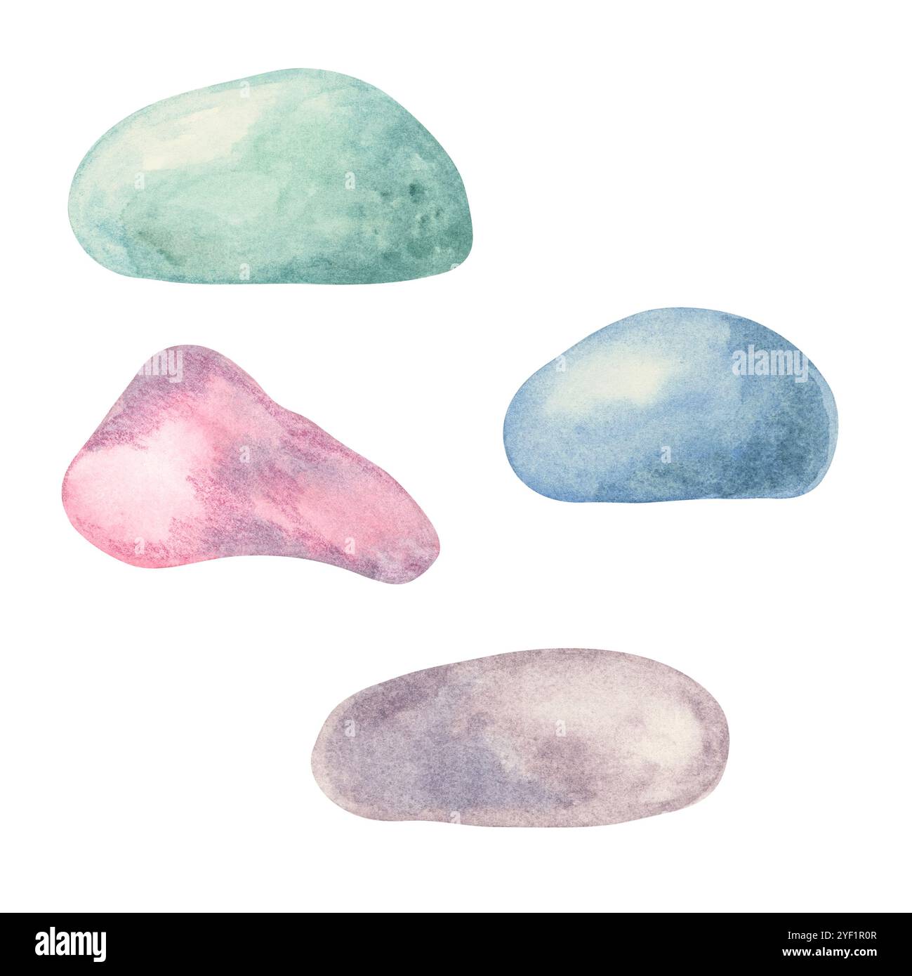 A set of four smooth watercolor pebbles in soft pastel colors of blue ...
