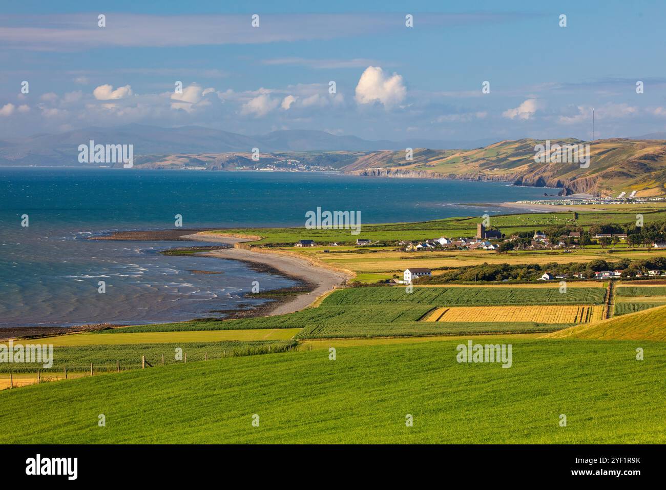 Elevated veiw of Cardigan bay with llanon in the forground. West Wales ...