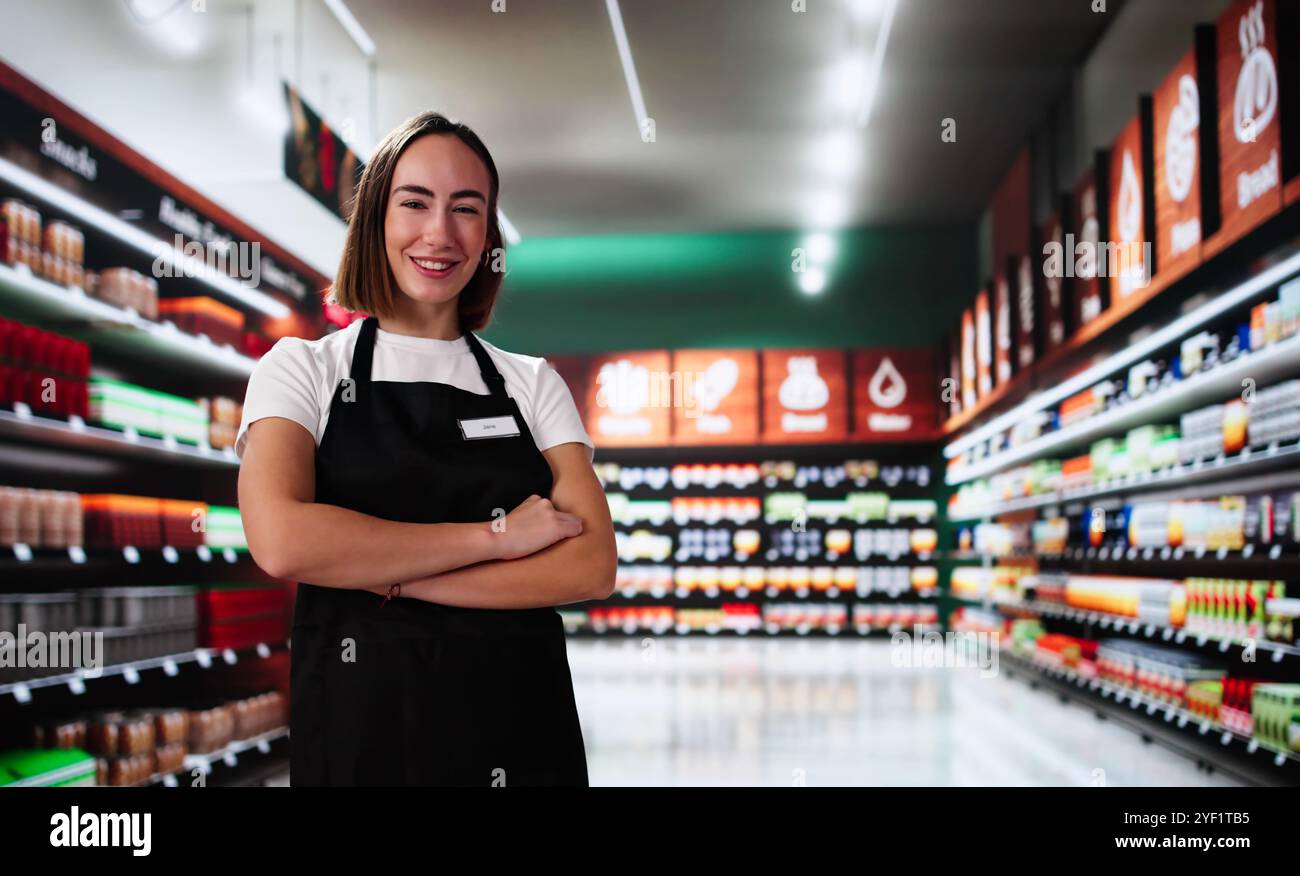 Supermarket Store Trainee Employee. Happy Woman In Grocery Shop Stock ...