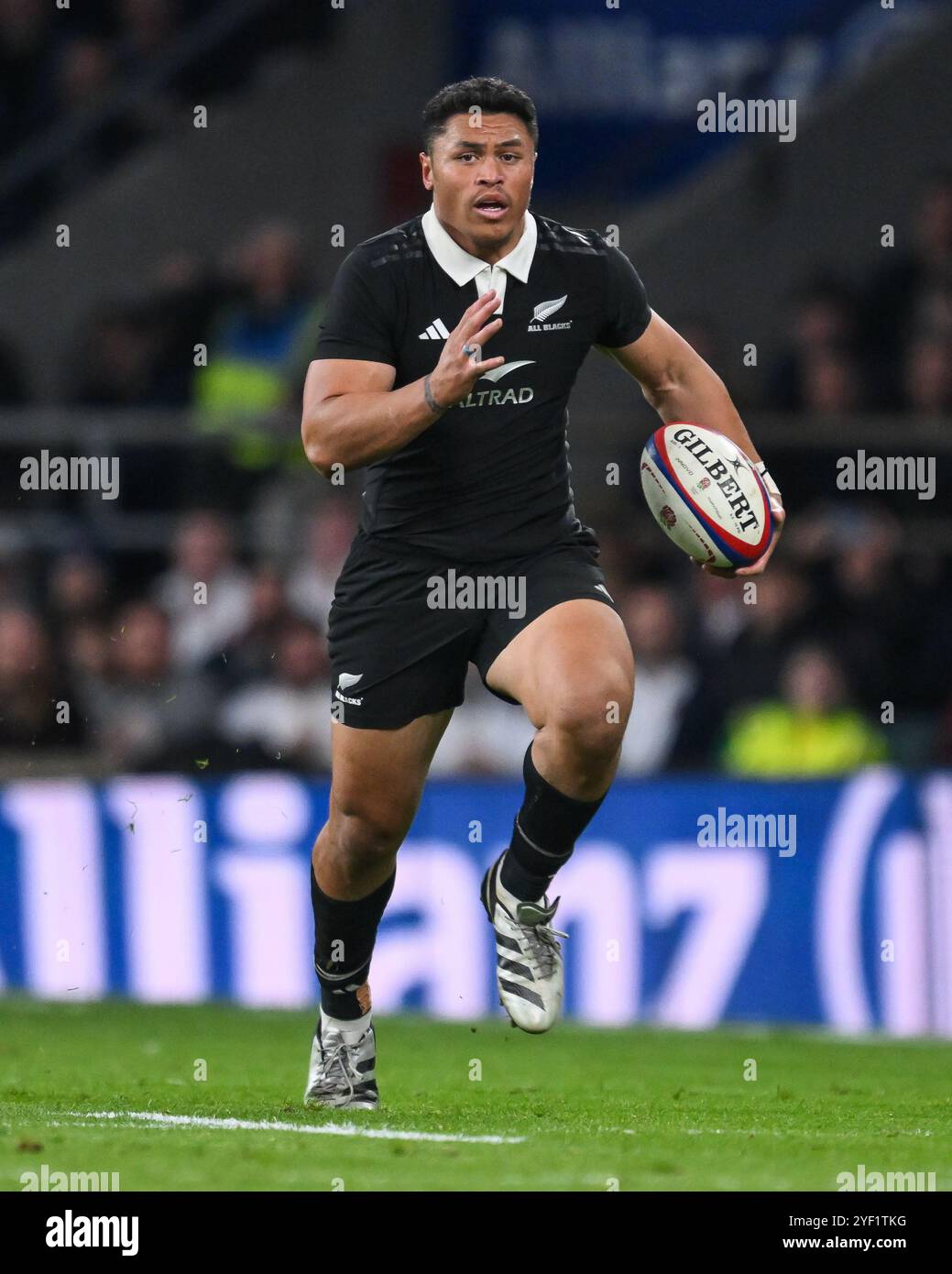 Caleb Clarke of New Zealand makes a break during the Autumn Nations ...