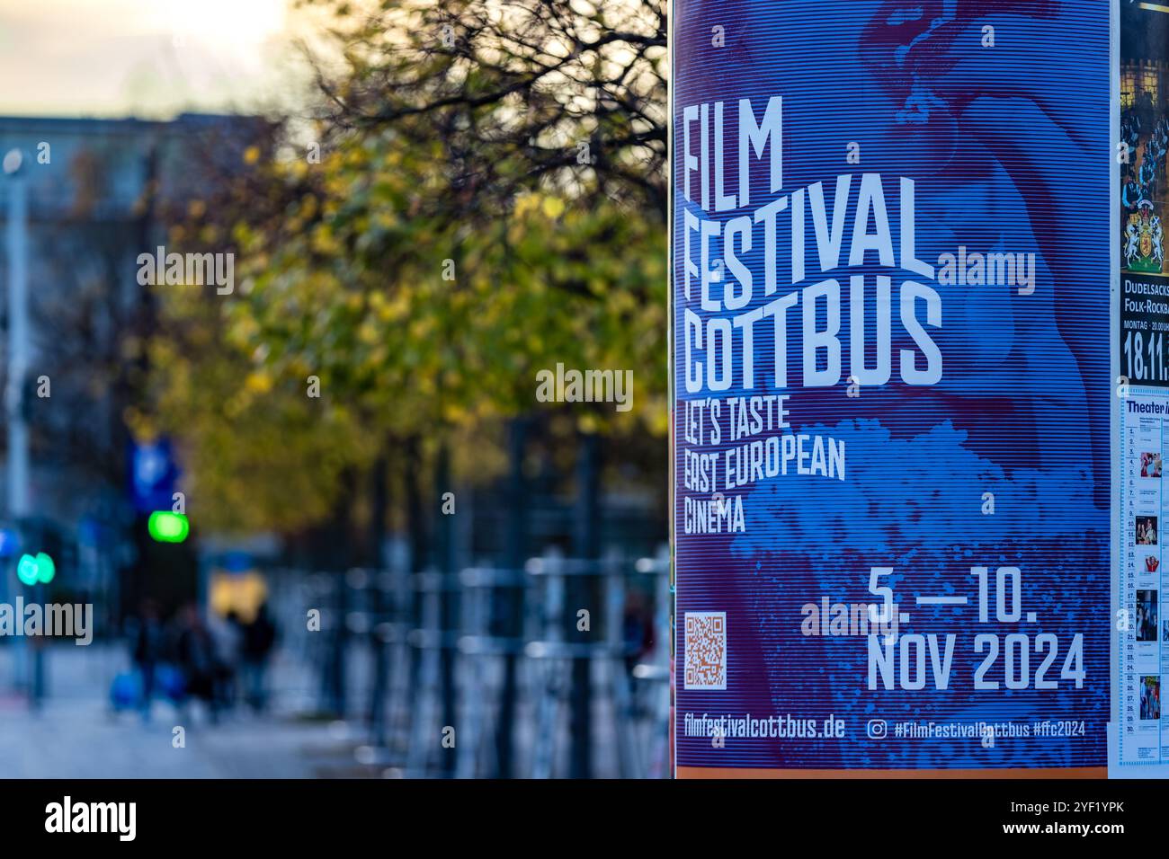 Cottbus, Germany. 02nd Nov, 2024. An advertising pillar with a poster for the Cottbus Film ...