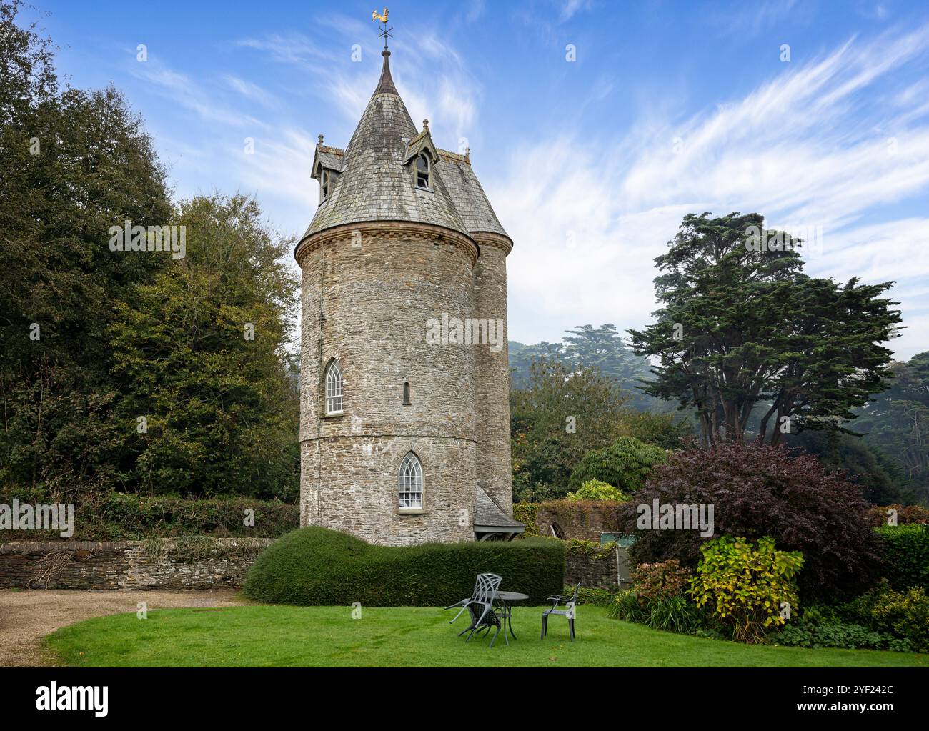 The historic Water Tower at Trelissick Garden near Truro, Cornwall, UK ...