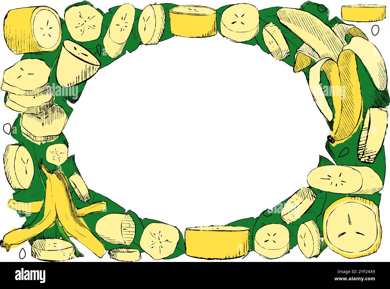 Oval ellipse Frame made of graphic Yellow Bananas and green tropical ...
