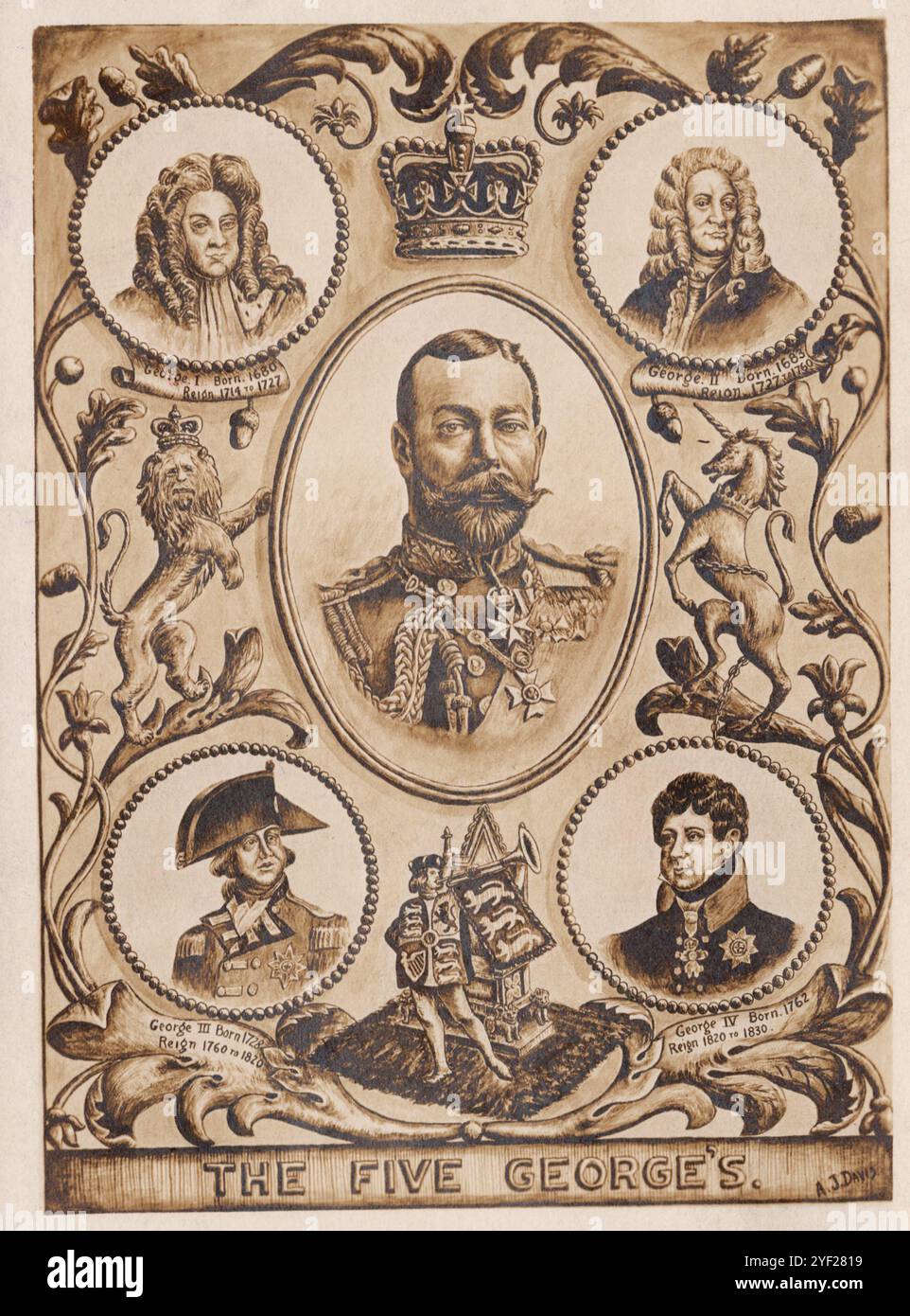 The Five George's, King's of England, approx 1915-20 postcard. Davis ...