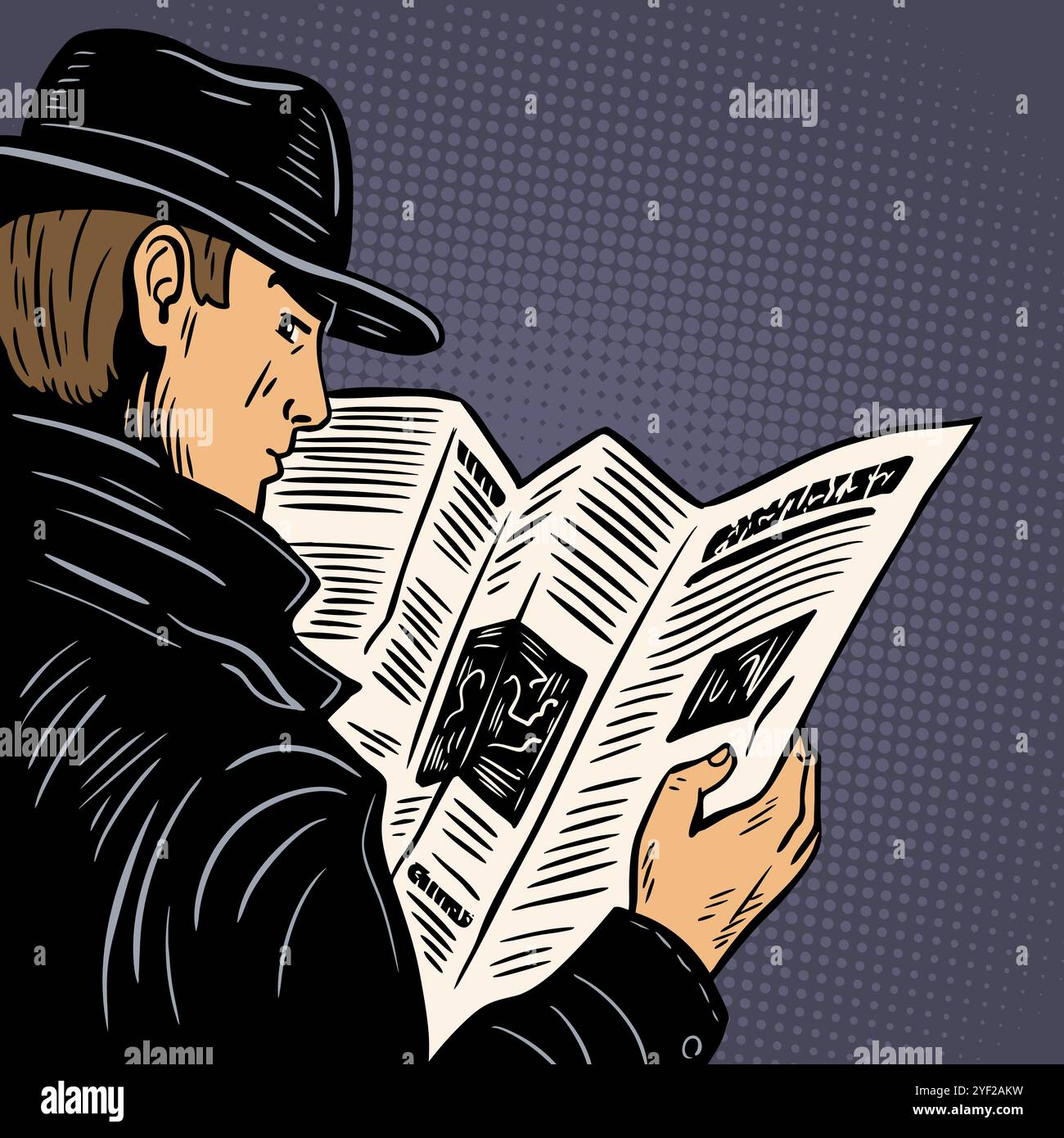 Portrait of detective man in retro hat. Agent with newspaper. Secret ...