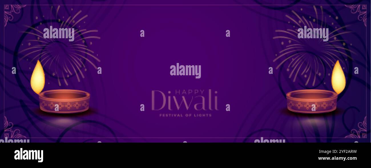 happy diyali purple banner with diya and fireworks Stock Vector Image ...