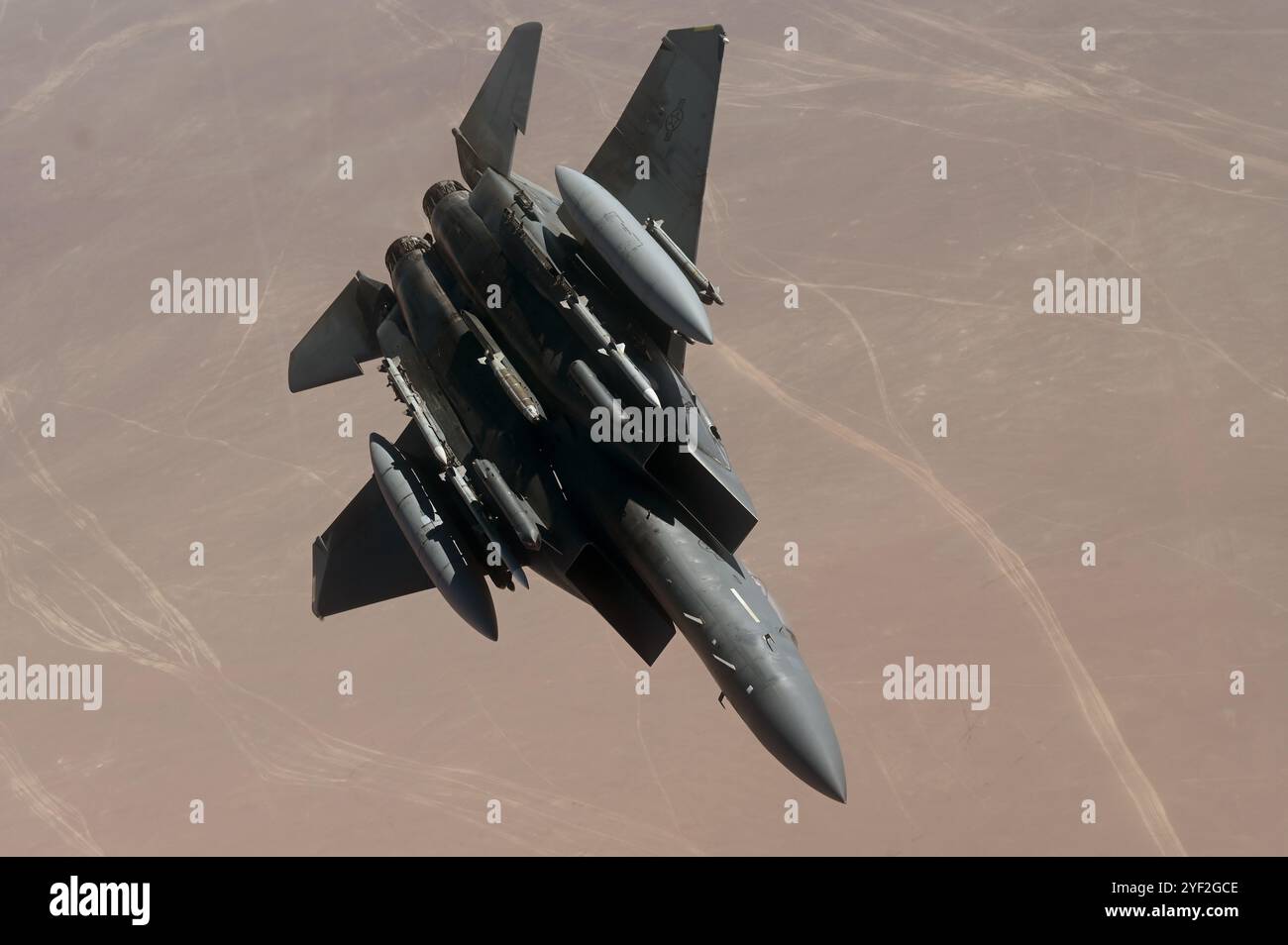 A U.S. Air Force F-15E Strike Eagle conducts combat patrols over the U ...