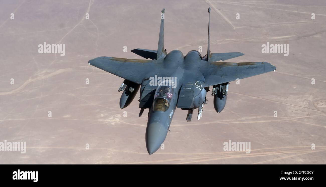 A U.S. Air Force F-15E Strike Eagle conducts combat patrols over the U ...