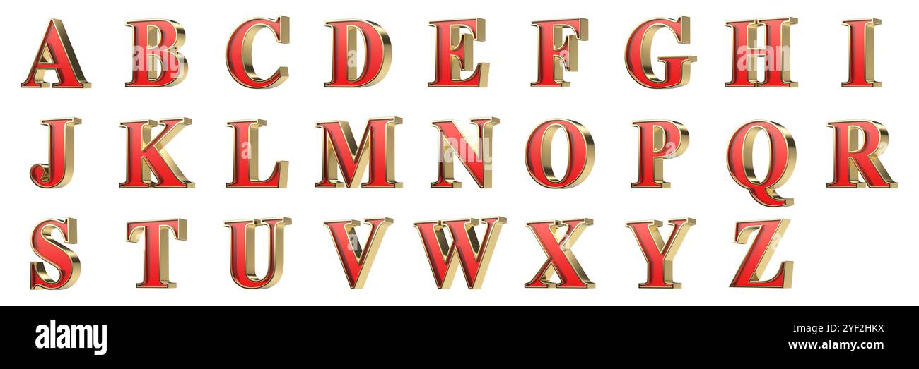 Set of English alphabet red glass letters with a shiny golden frame ...