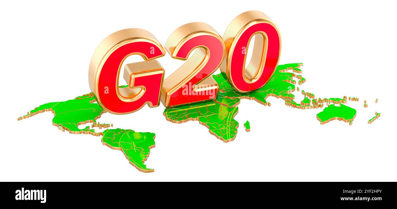 G20 meeting concept, G20 on the Earth map. 3D rendering isolated on ...