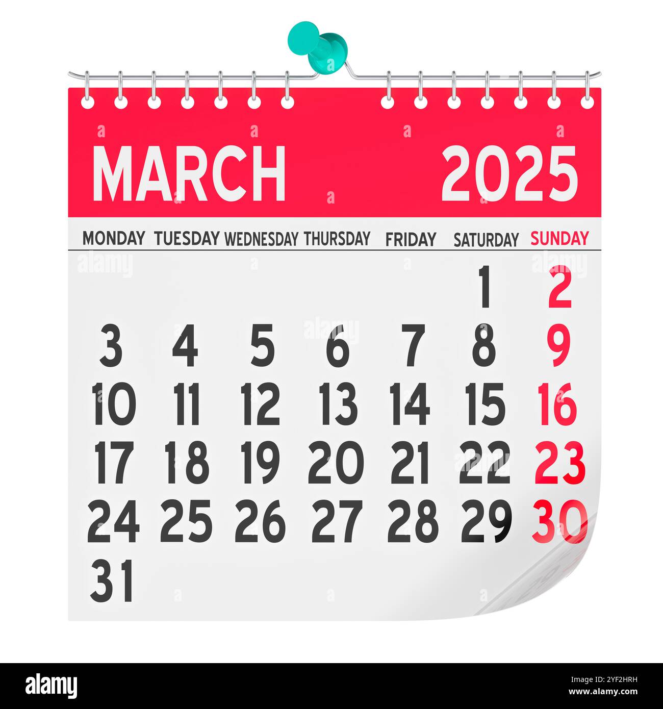 March 2025 Monthly Wall Calendar, 3D rendering isolated on white ...