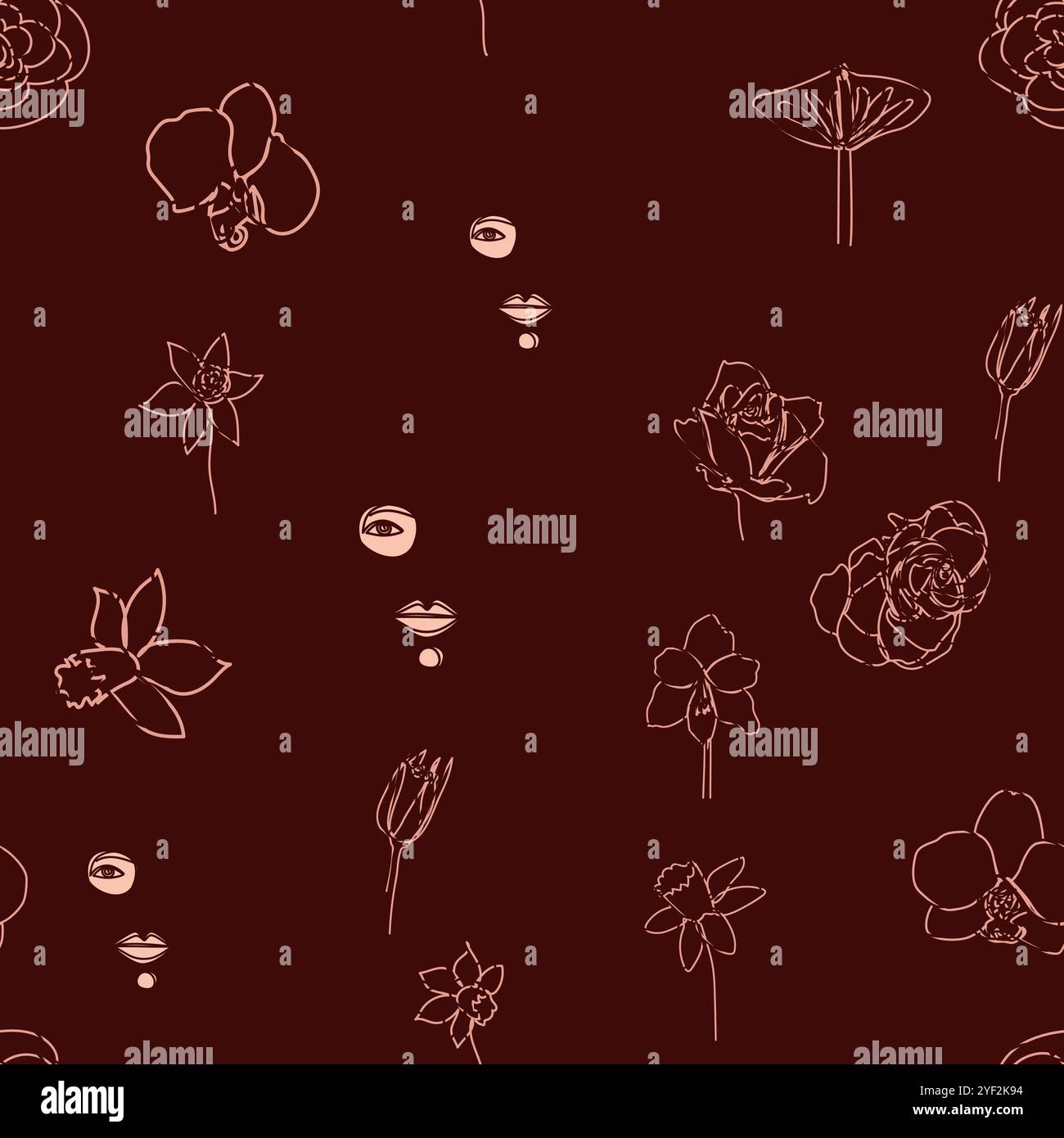 Woman face Continuous line seamless pattern. Abstract Female portrait ...