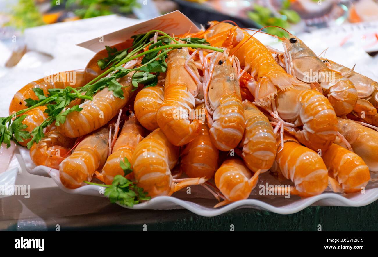 Assortment of fresh daily catch of prawns, seashells, molluscs on ice ...