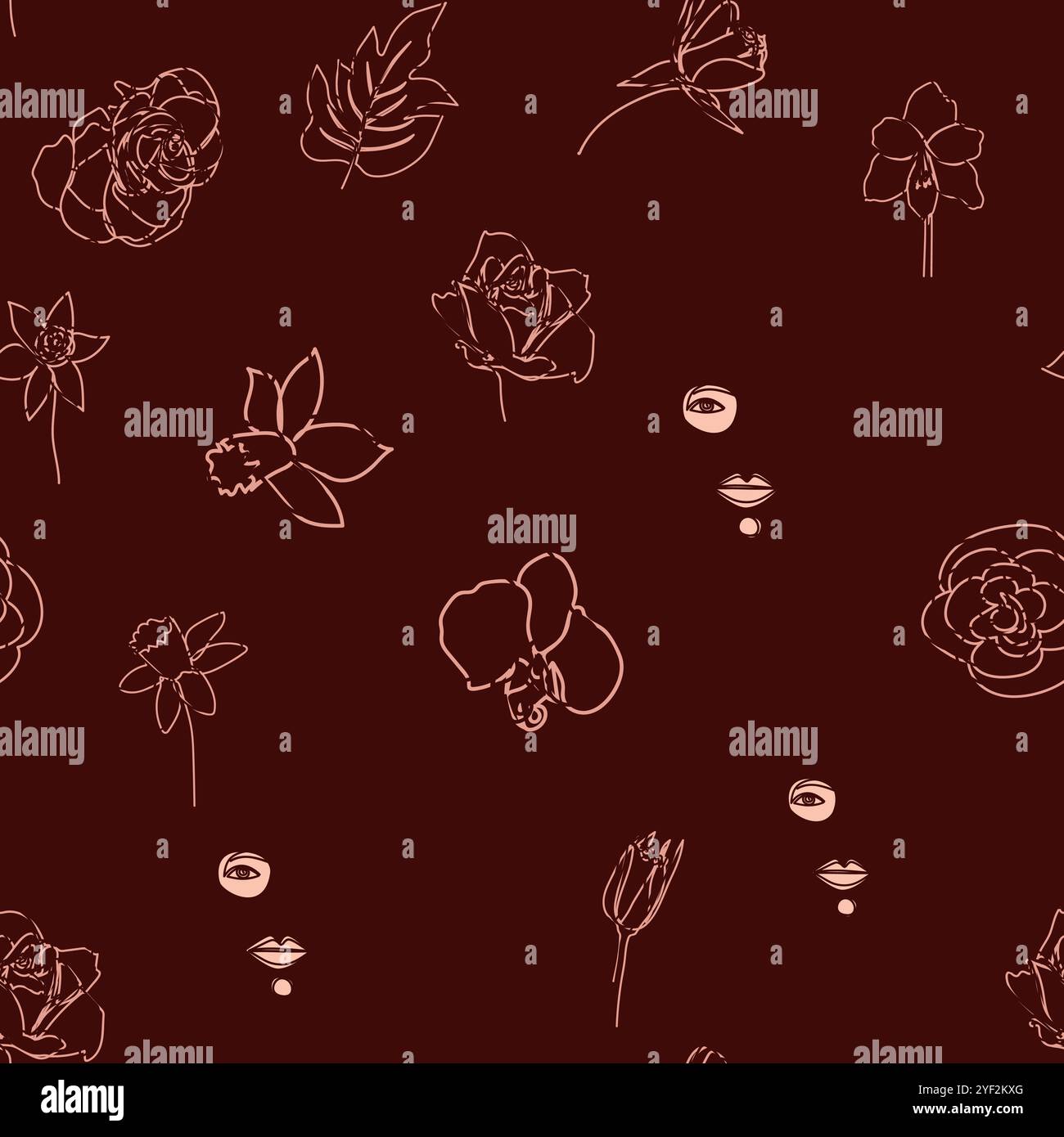 Woman face Continuous line seamless pattern. Abstract Female portrait ...