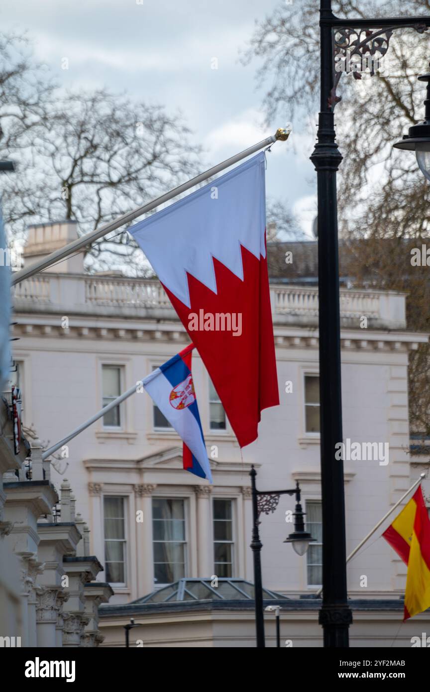 Red white National flag of Bahrain, Kingdom of Bahrain, island country ...