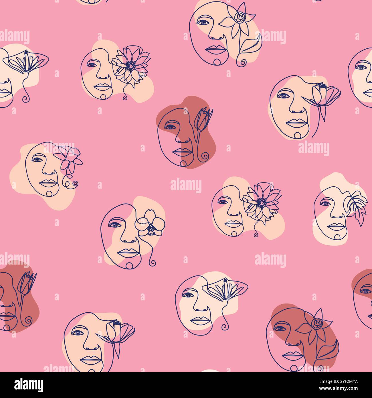 Female portrait Outline woman face, abstract flowers leaves, line ...