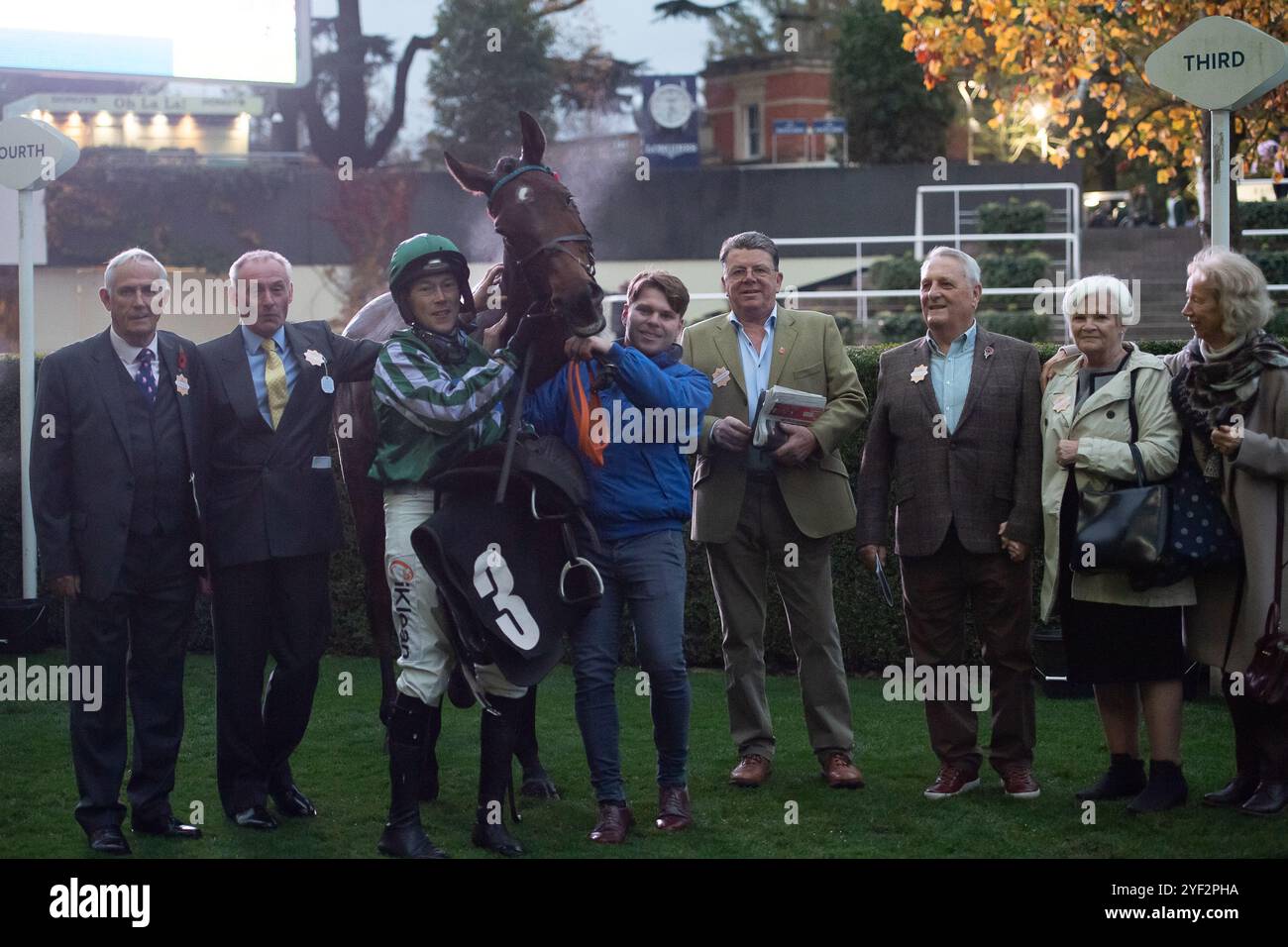 Ascot, Berkshire, UK. 2nd November, 2024. FLIMSY NOSEBAG ridden by jockey James Davies came ...