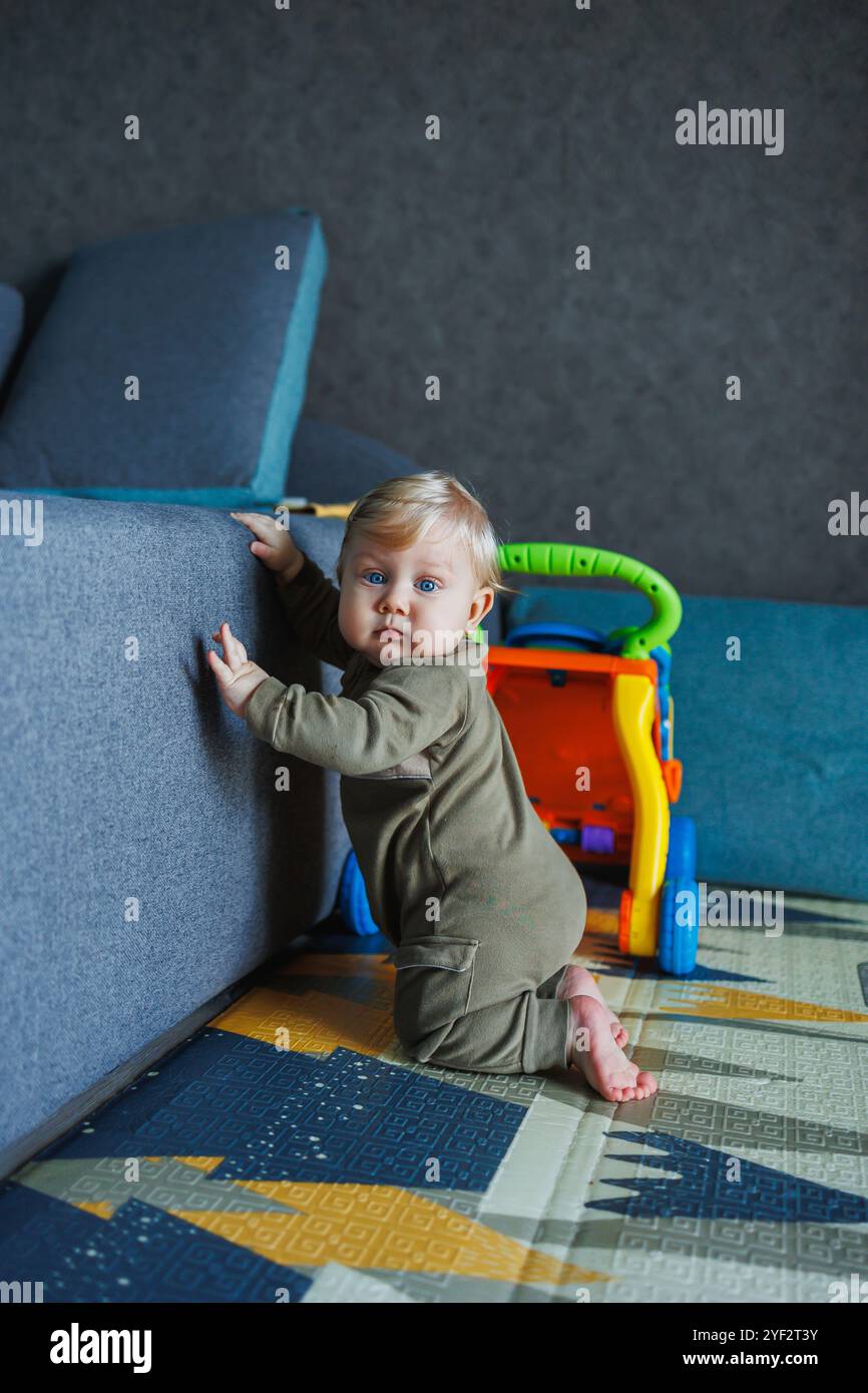 baby first steps. happy family kid dream concept. father teaches baby ...