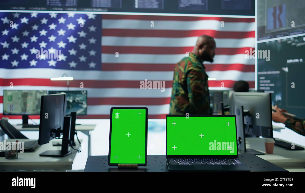 US military working in a control center with isolated mockup, soldiers ...