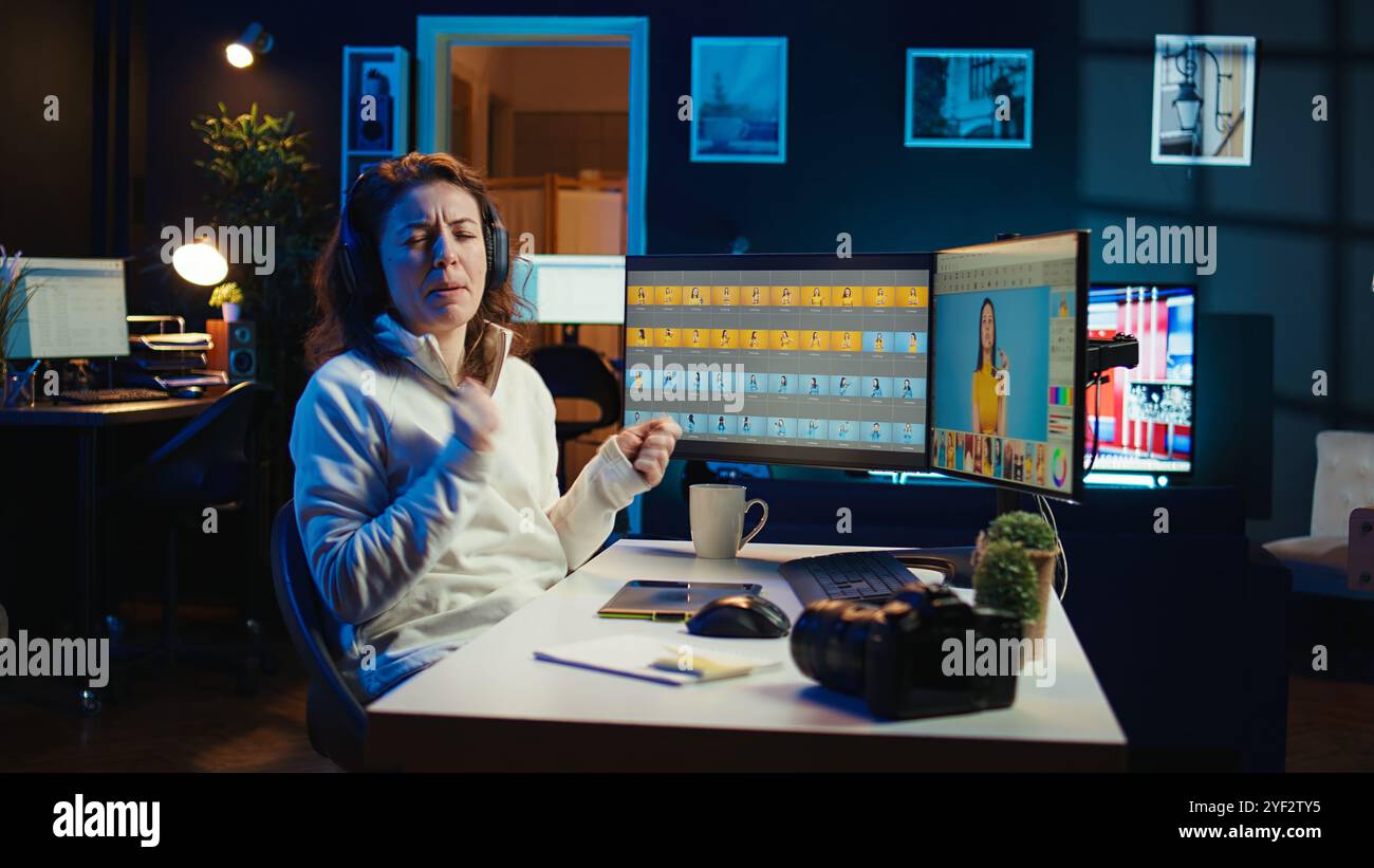 Freelancer dancing on chair while editing professional photographs ...