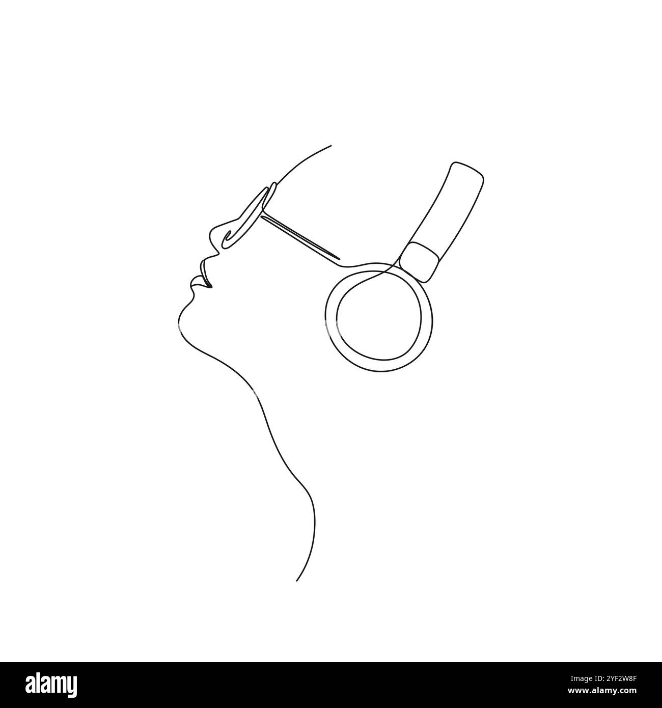 Woman, girl listening to music with headphones. One line drawing. Hand ...