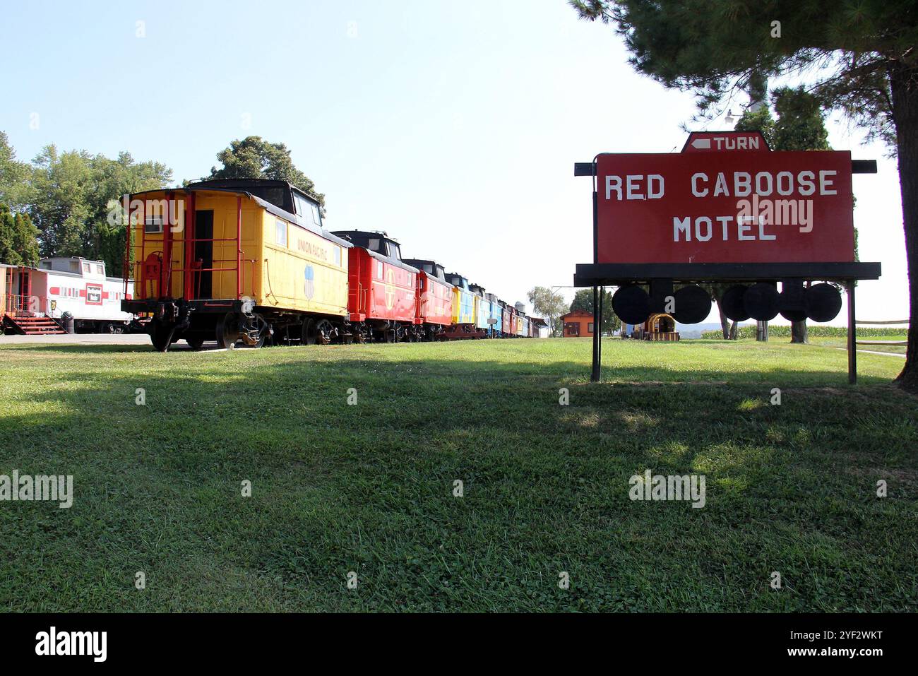 Red Caboose Motel, made up of the retired historic railroad cars, Strasburg, PA, USA Stock Photo ...
