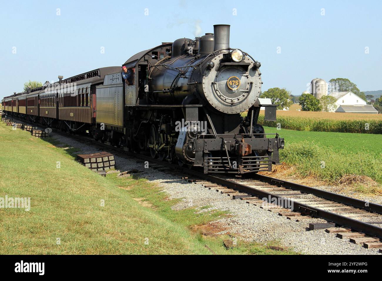 Historic steam locomotive pulling a train on Strasburg Rail Road, part ...