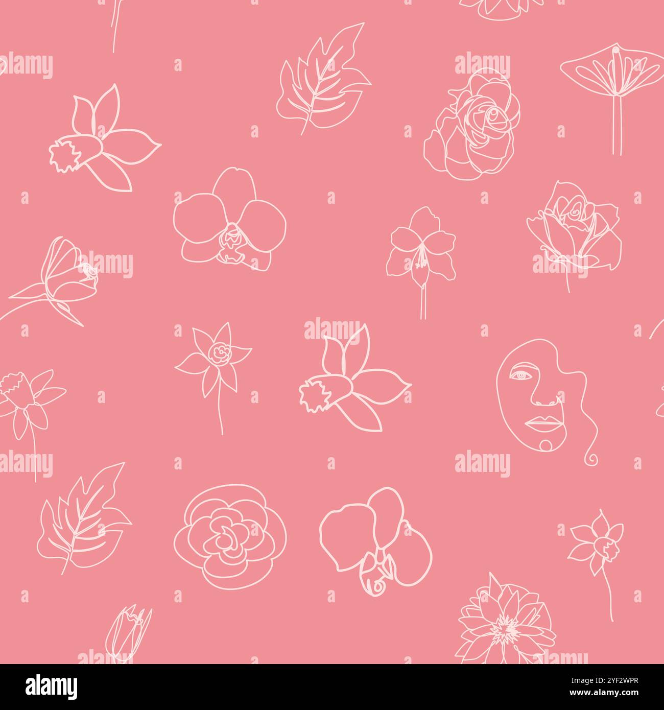 Woman face Continuous line seamless pattern. Abstract Female portrait ...