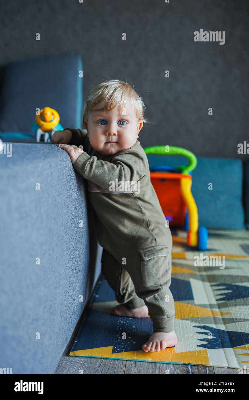 baby first steps. happy family kid dream concept. father teaches baby ...