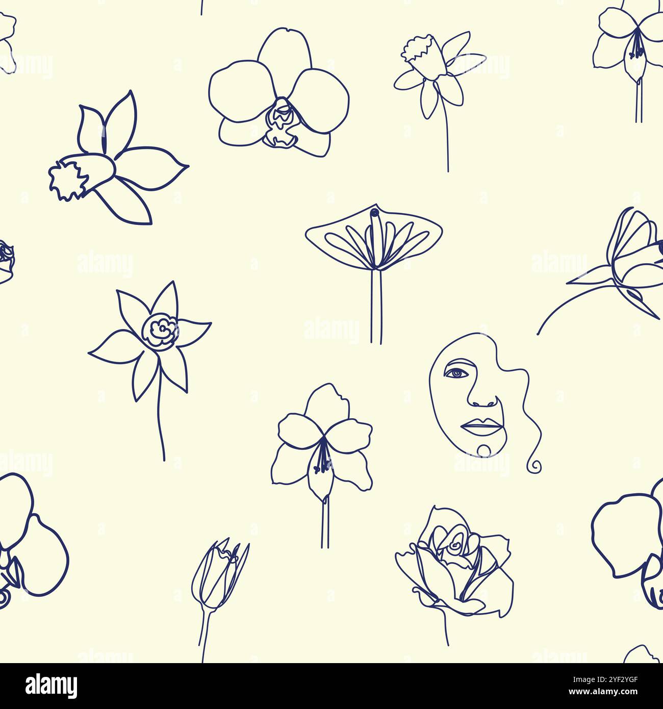 Woman face Continuous line seamless pattern. Abstract Female portrait ...