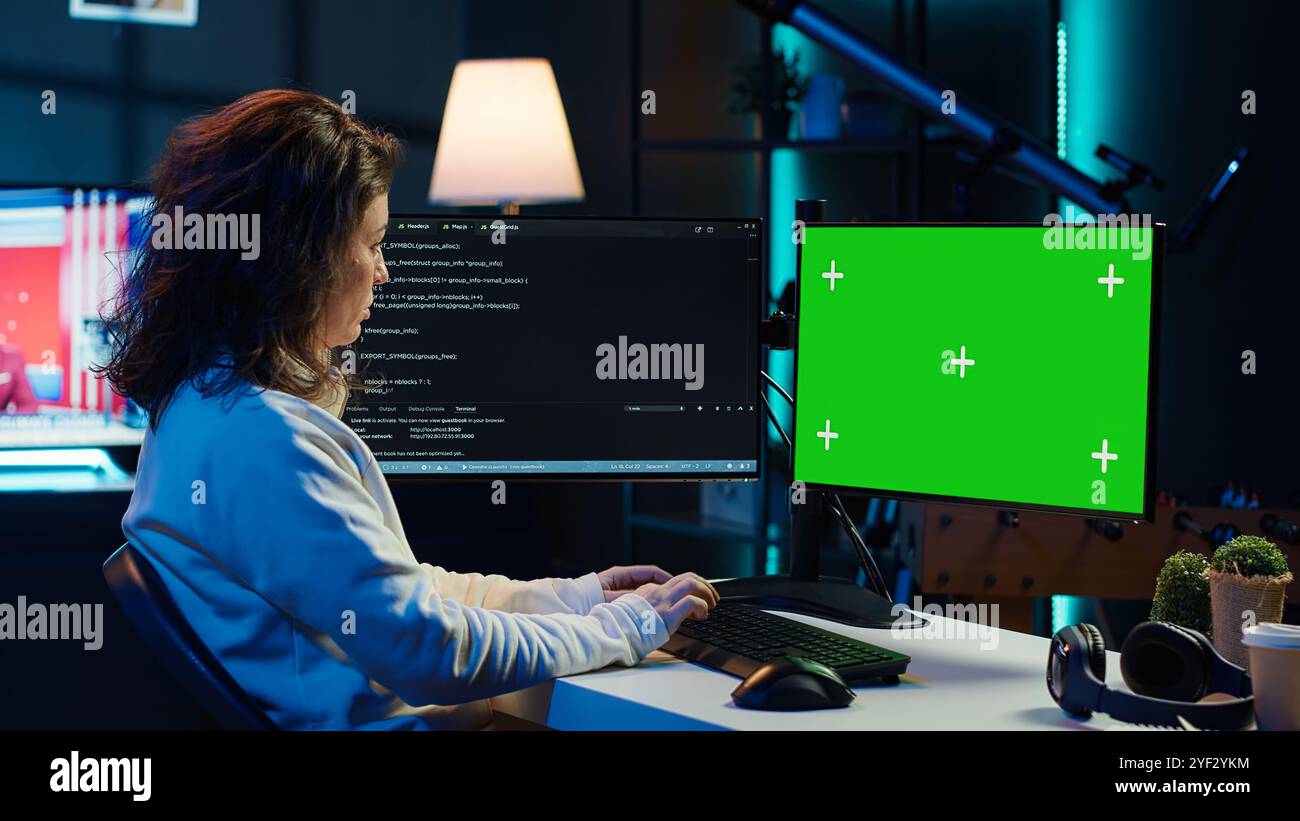 Freelancing Admin Using Green Screen Computer Monitors To Filter