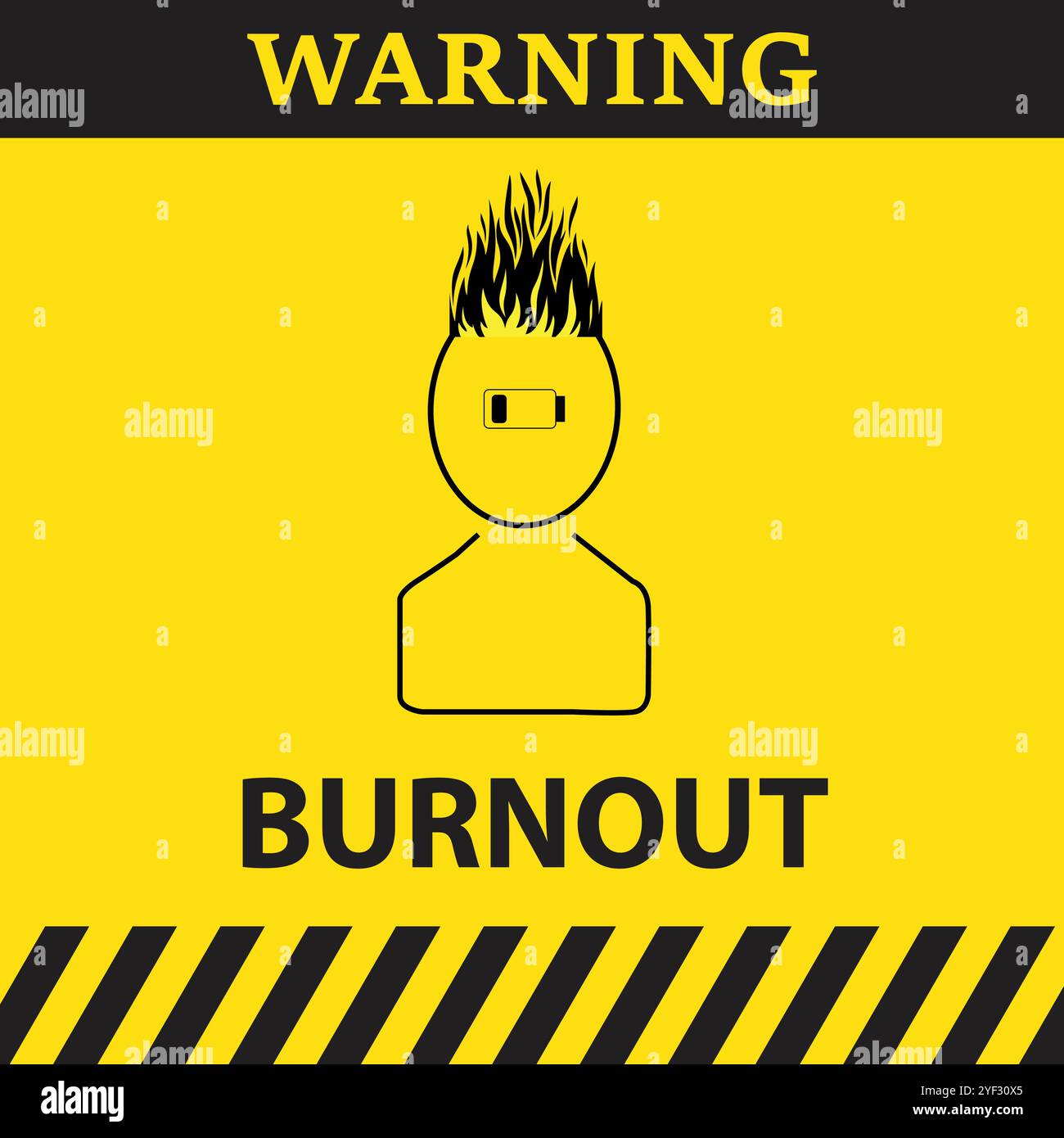 Warning symbol on yellow background with a person with a low battery ...