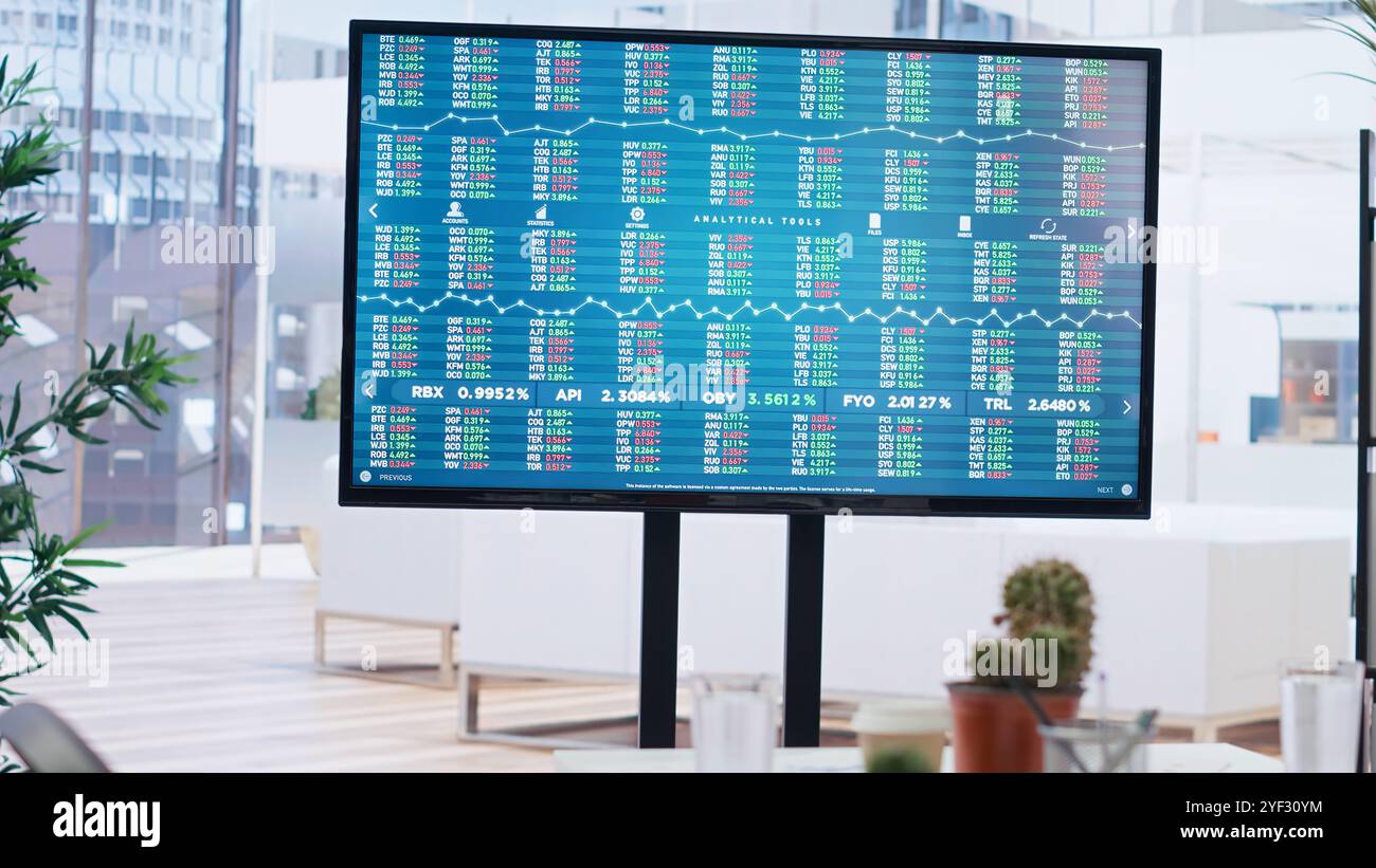 Stock market diagrams with charts and stock figures on big screen in ...