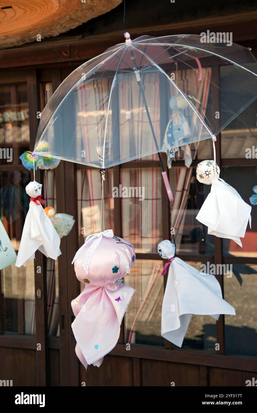 Teru-teru-bozu handmade good luck charm doll hanging outside a Japanese ...