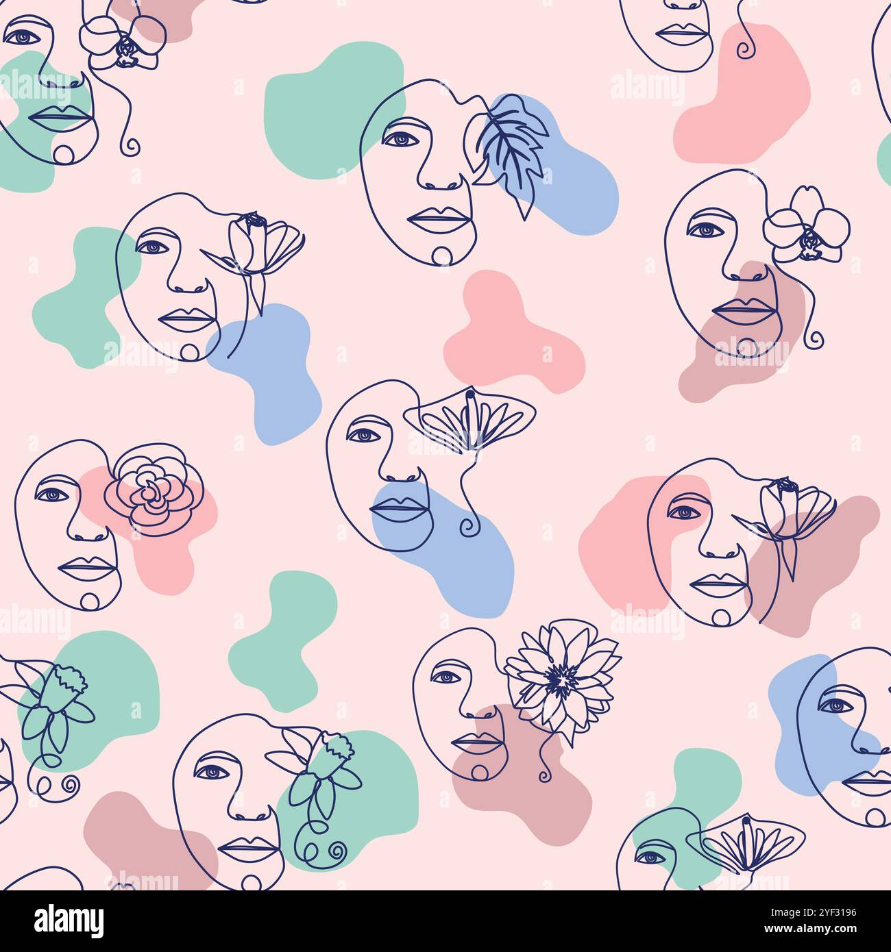 Female portrait Outline woman face, abstract flowers leaves, line ...