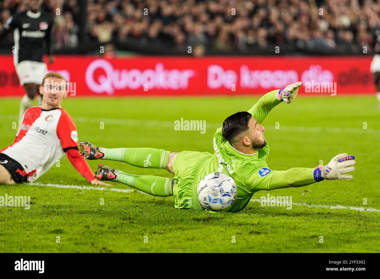 ROTTERDAM, NETHERLANDS - NOVEMBER 2: Goalkeeper Justin Bijlow of Feyenoord tries to make a save ...