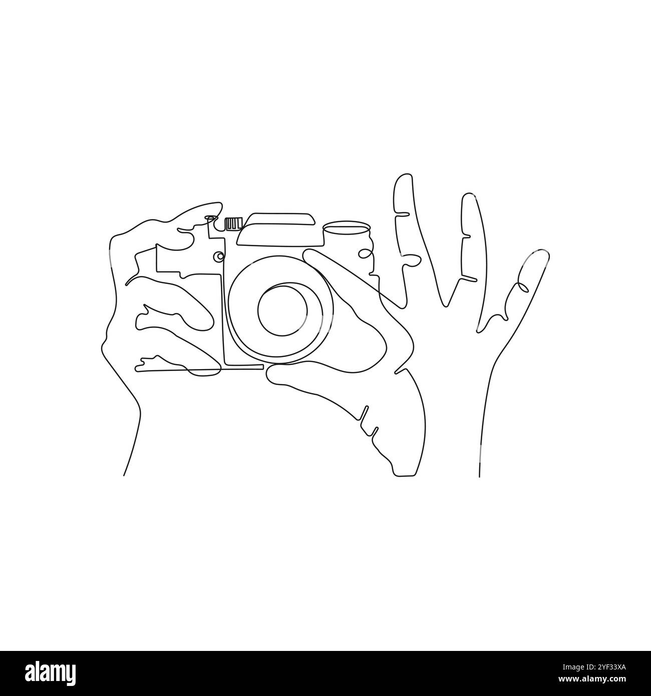 Hands holding photo camera and making pictures. One line art drawing ...