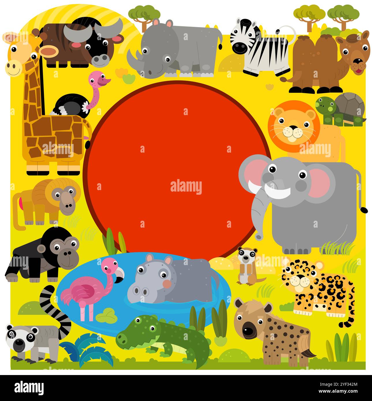 cartoon scene with frame border template with african animals and ...