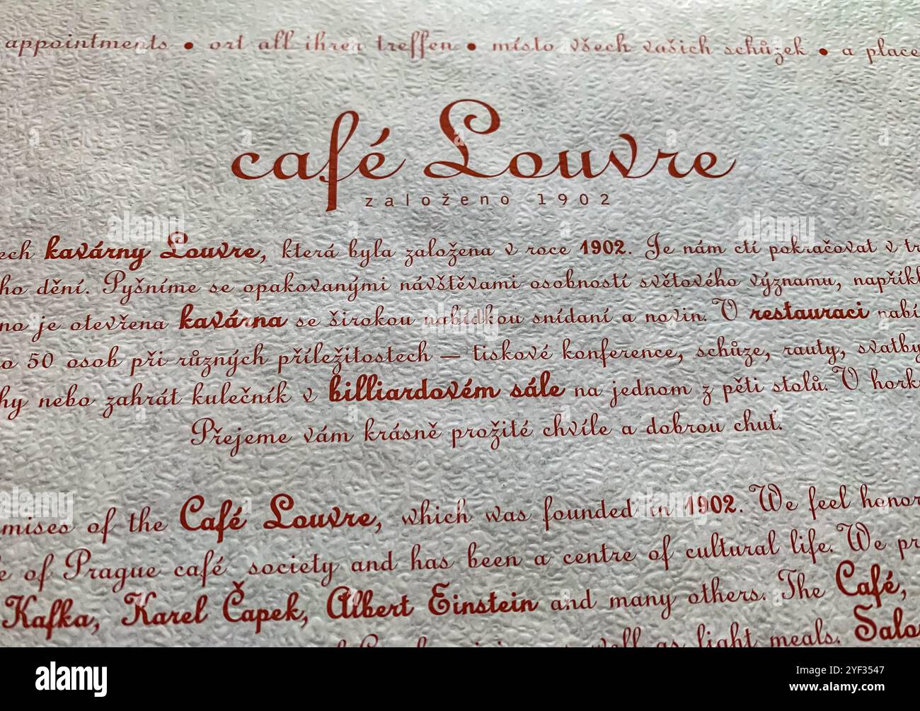 Famous Cafe Louvre Menu in New Town Prague, Czech Republic Stock Photo ...