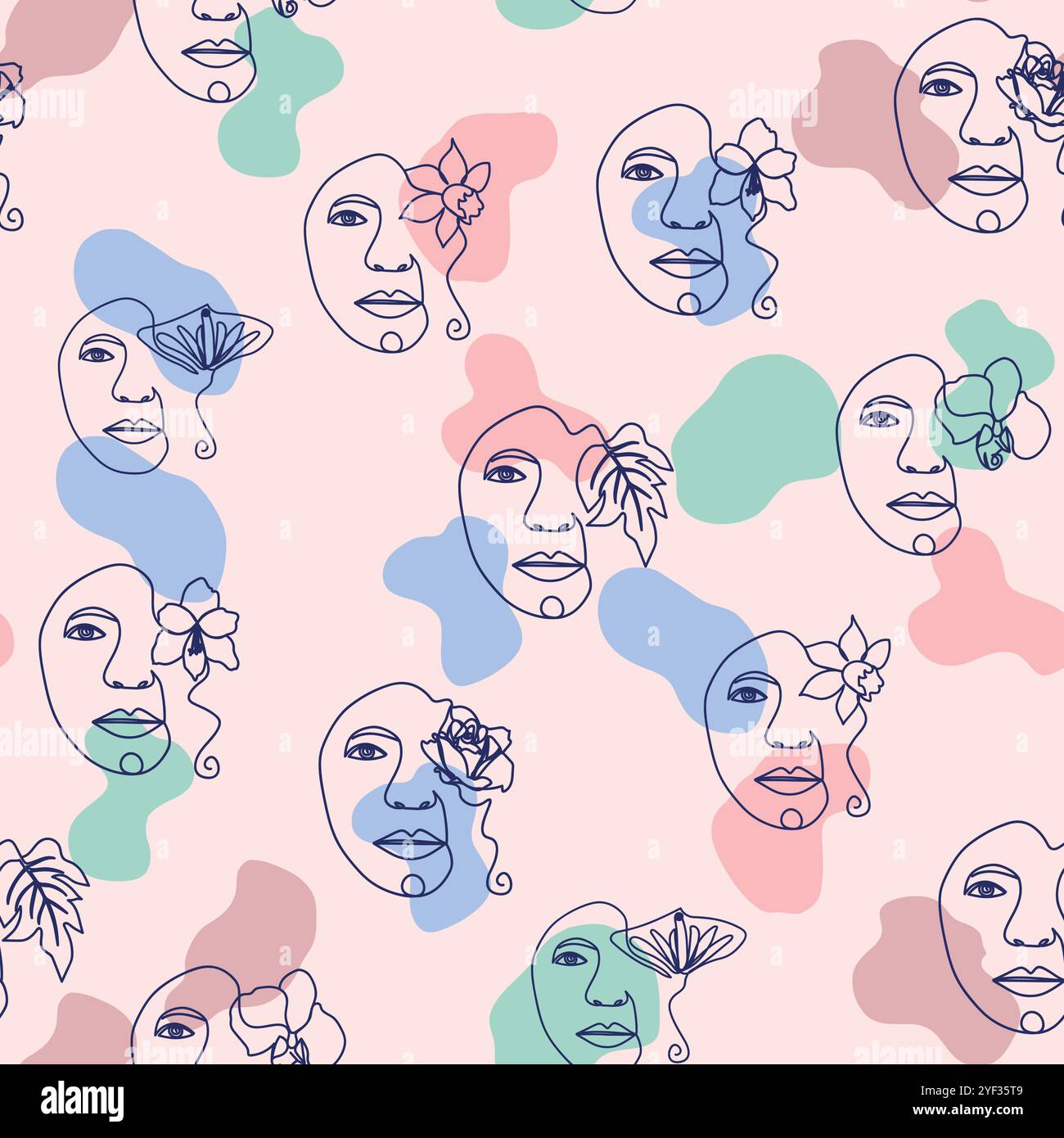 Female portrait Outline woman face, abstract flowers leaves, line ...